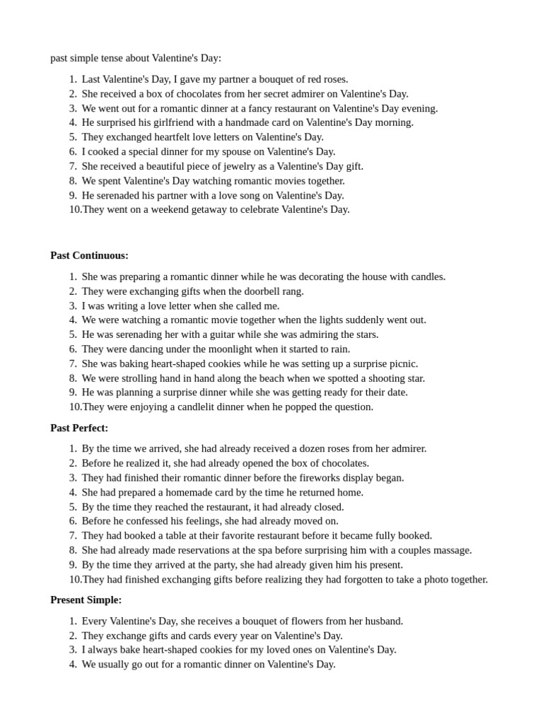 Present Cont Future Past Tenses Valentines | PDF