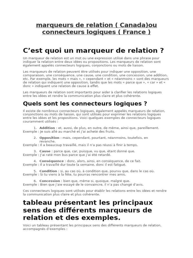marqueurs de relation ou connecteurs logiques | PDF