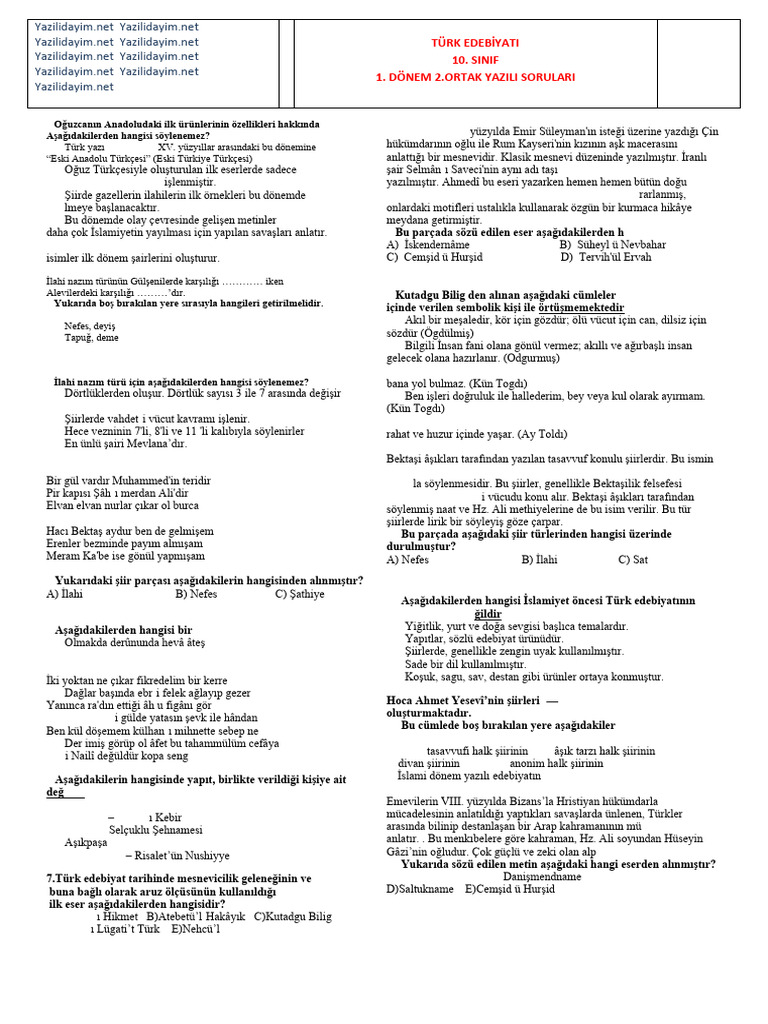 10.sinif Edebiyat 1. Donem 2. Yazili Sorulari Ve Cevaplari 1 1 | PDF