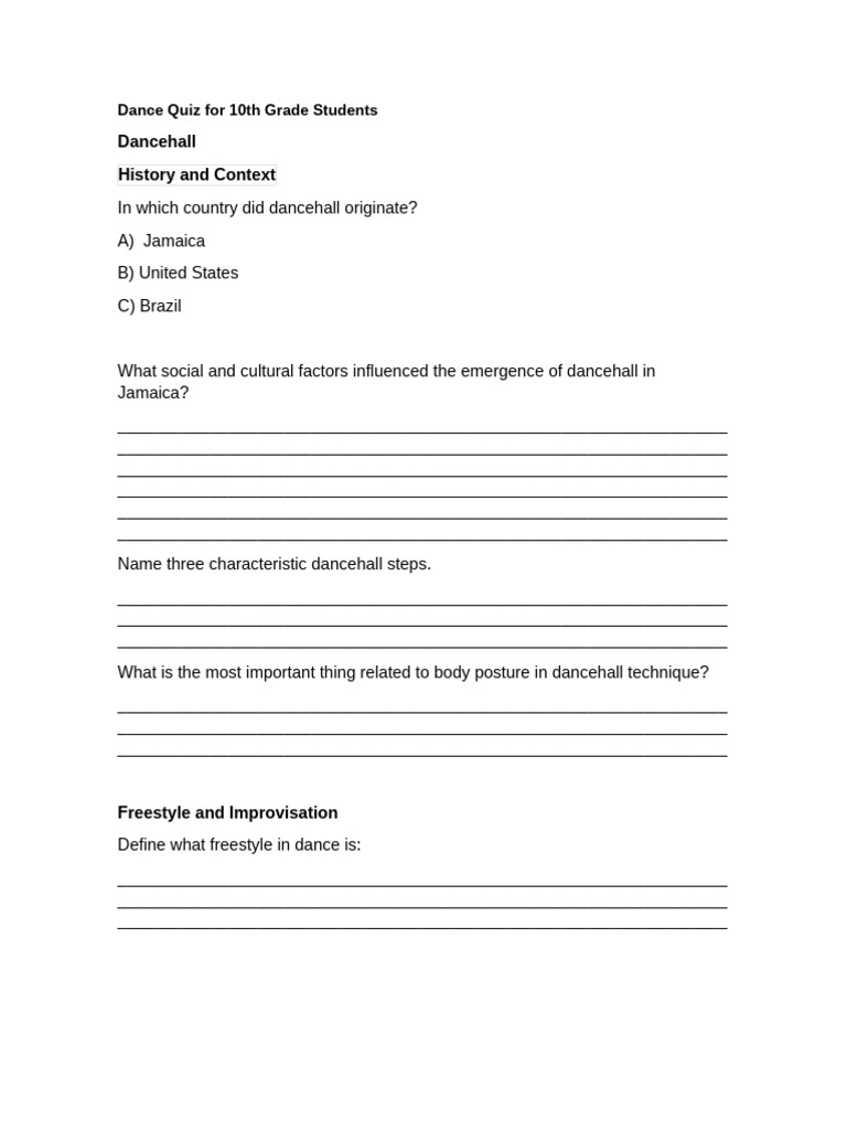Dance Quiz For 10th Grade Students 2 | PDF