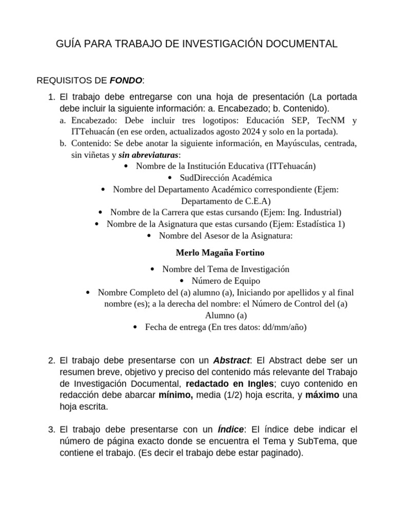 Guía para Trabajo de Investigación Documental - 2024 | PDF