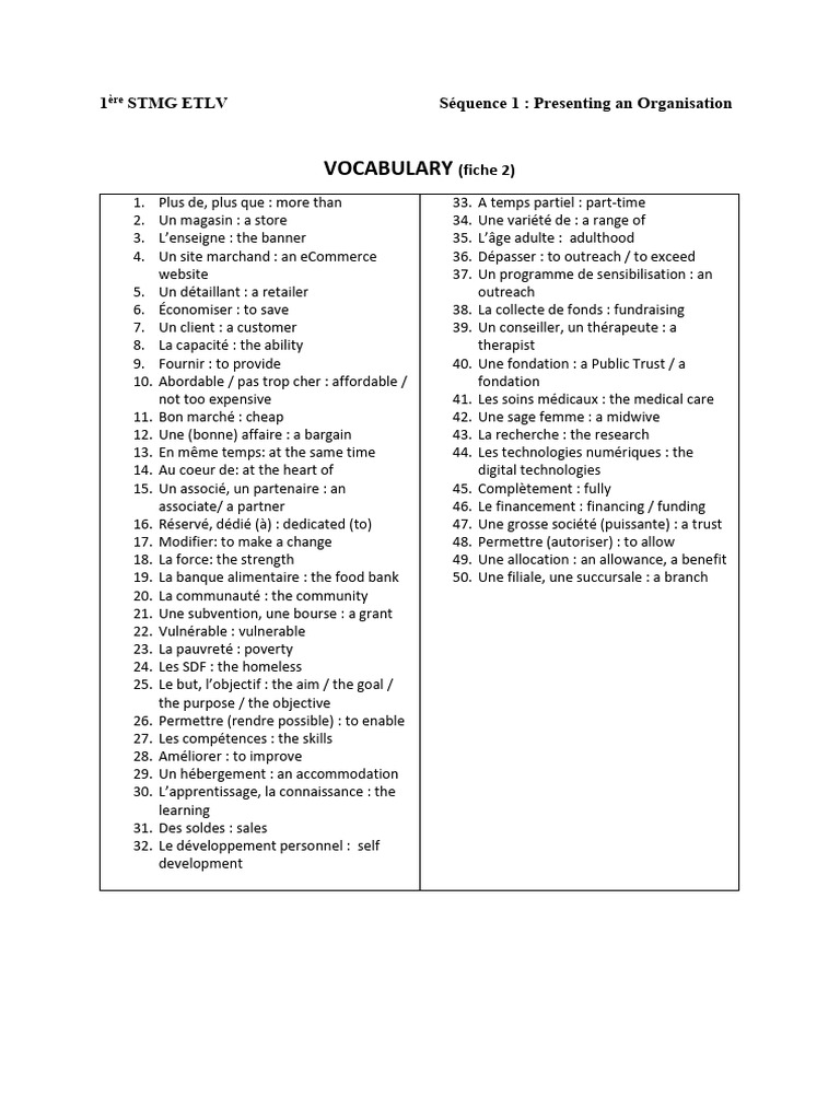 1-Vocabulaire ETLV Fiche 2 | PDF