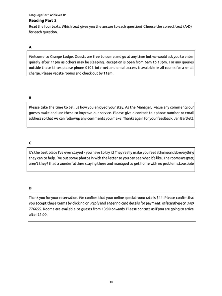 B1 T1 Reading Part 3 | PDF