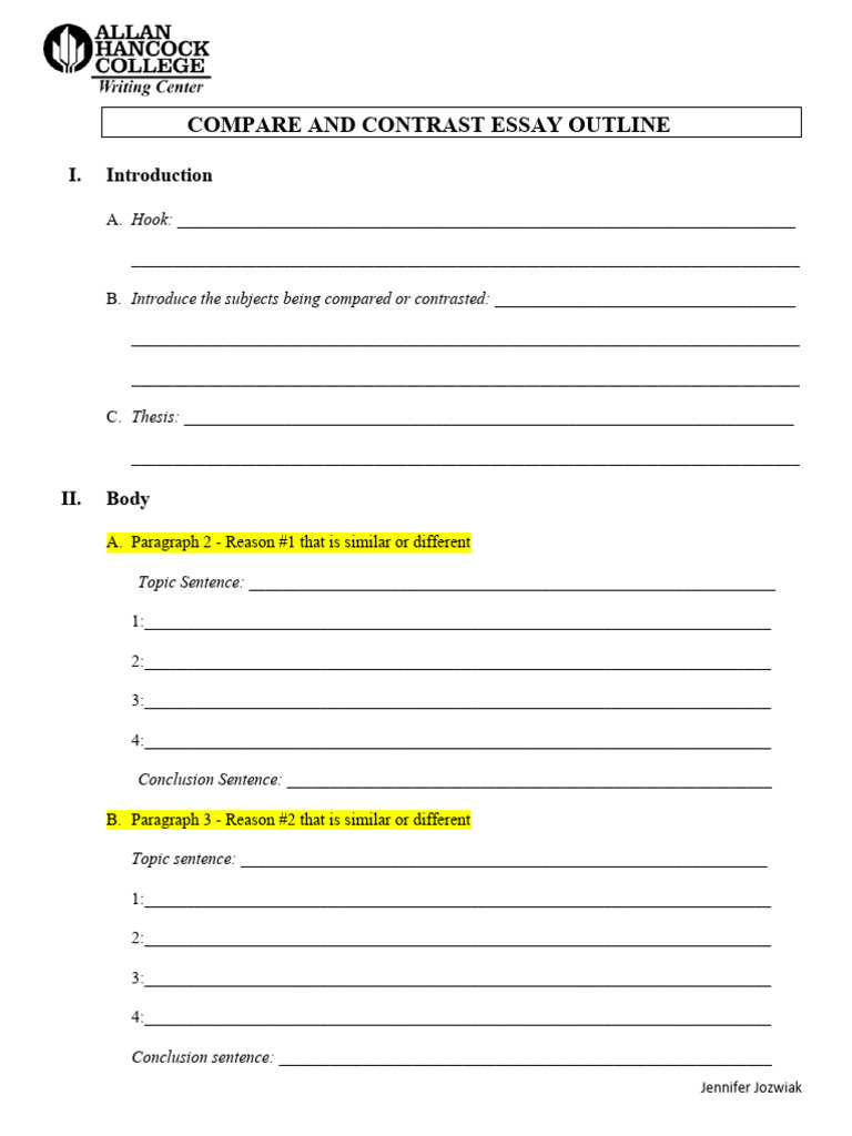 Compare and Contrast Essay Outline - Fillable | PDF