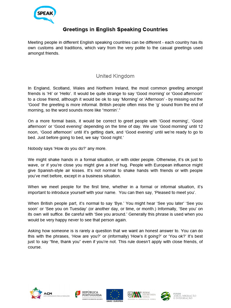 Theme 1 Greetings and Presentation - Greetings in English Speaking ...