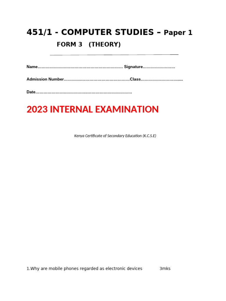 Cat 1 Term 3 Form 1 Computer Studies | PDF | Computers