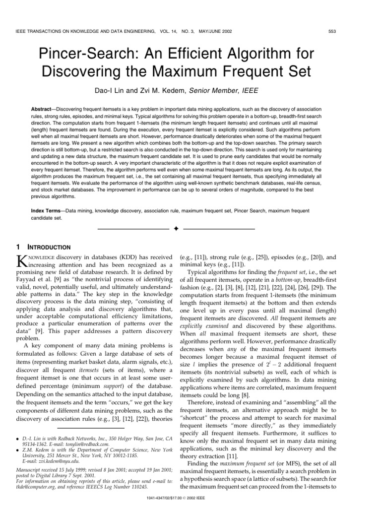 Pincer-Search An Efficient Algorithm For Discovering The Maximum Frequent Set | PDF