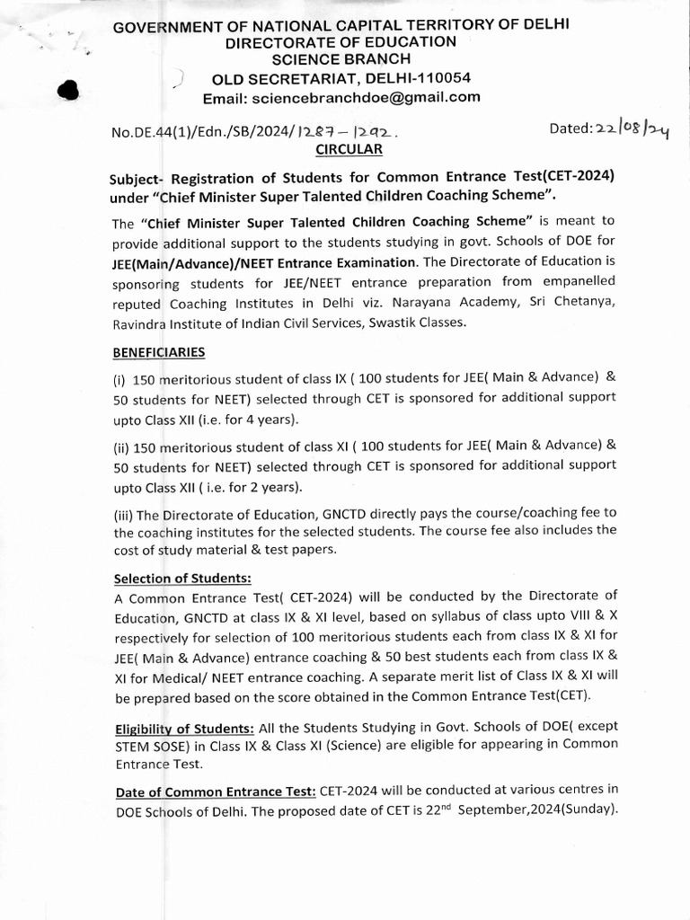 Registration of Students for CET-2024 | PDF