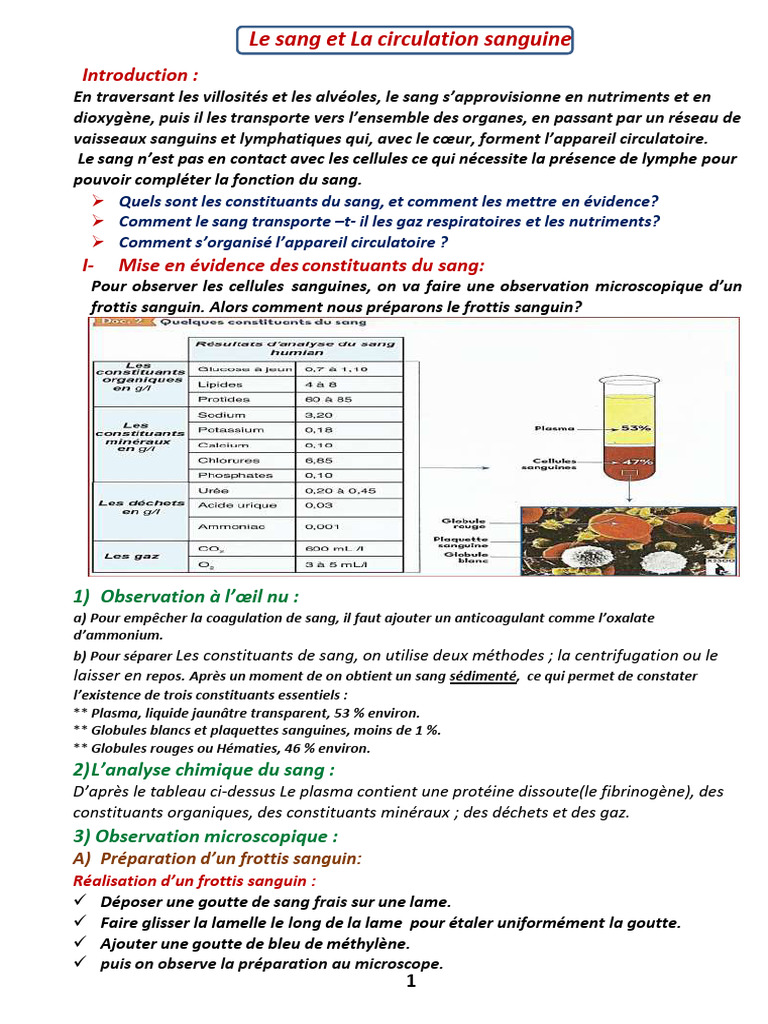 Le Sang Et La Circulation Sanguine Cours 3ac | PDF