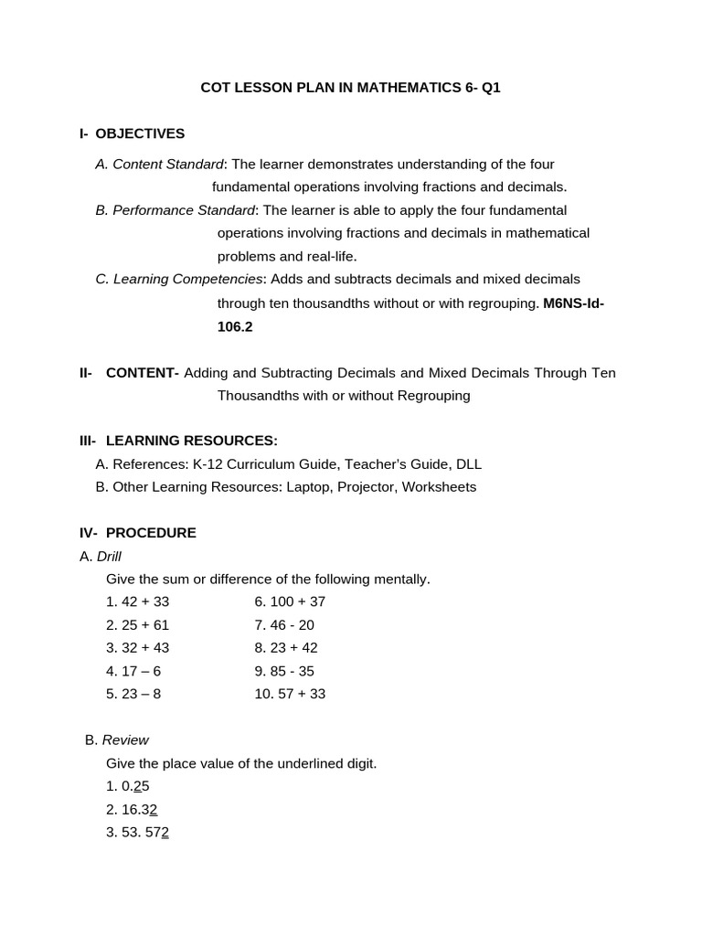 Cot Lesson Plan in Math 6 Q1 | PDF | Cognition | Computers