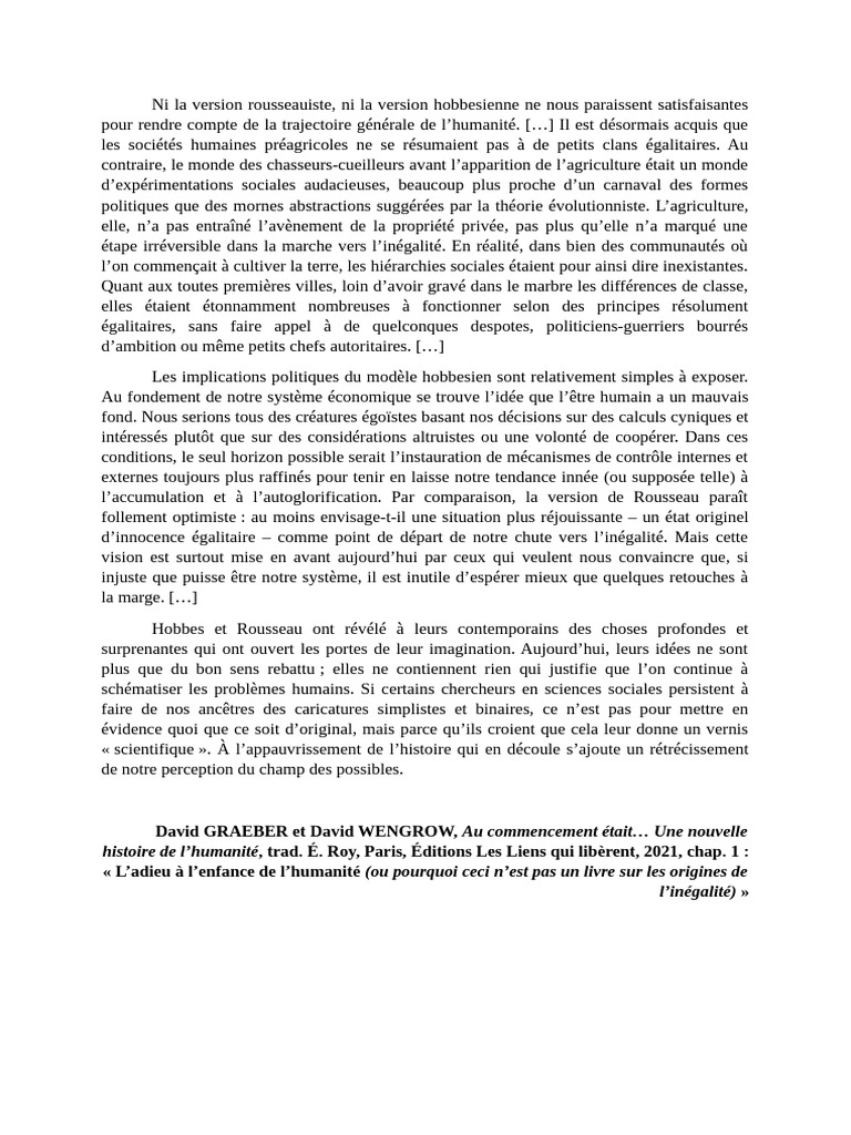 Graeber Et Wengrow, Modèle Hobbesien Et Modèle Rousseauiste | PDF