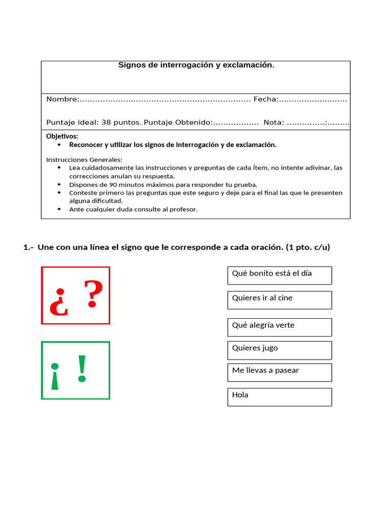 Prueba Signos de Interrogacion y Exclamacion | PDF
