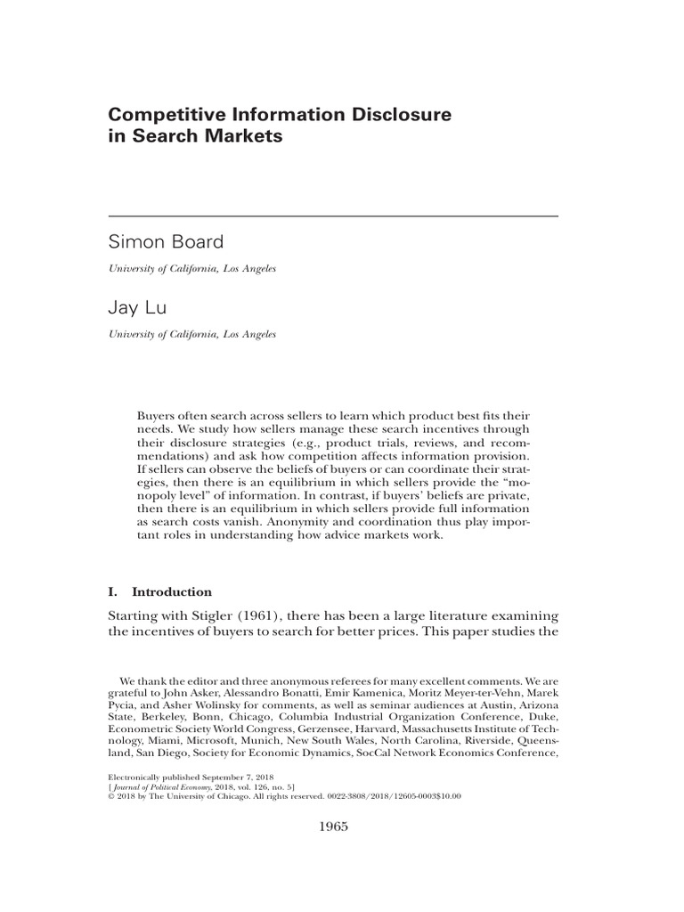 Competitive Information Disclosure in Search Markets - Board, Lu (2018 ...