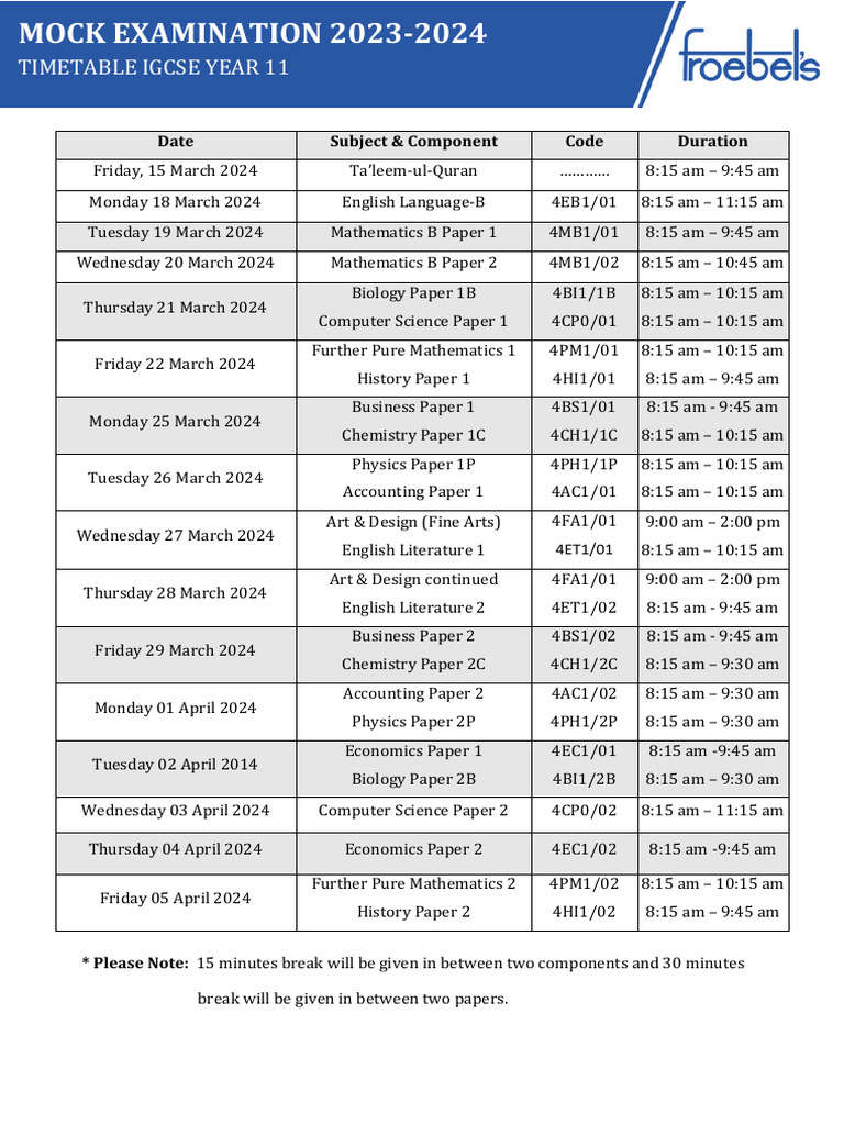Year 11 Mock Exam Timetable 23-24 | PDF