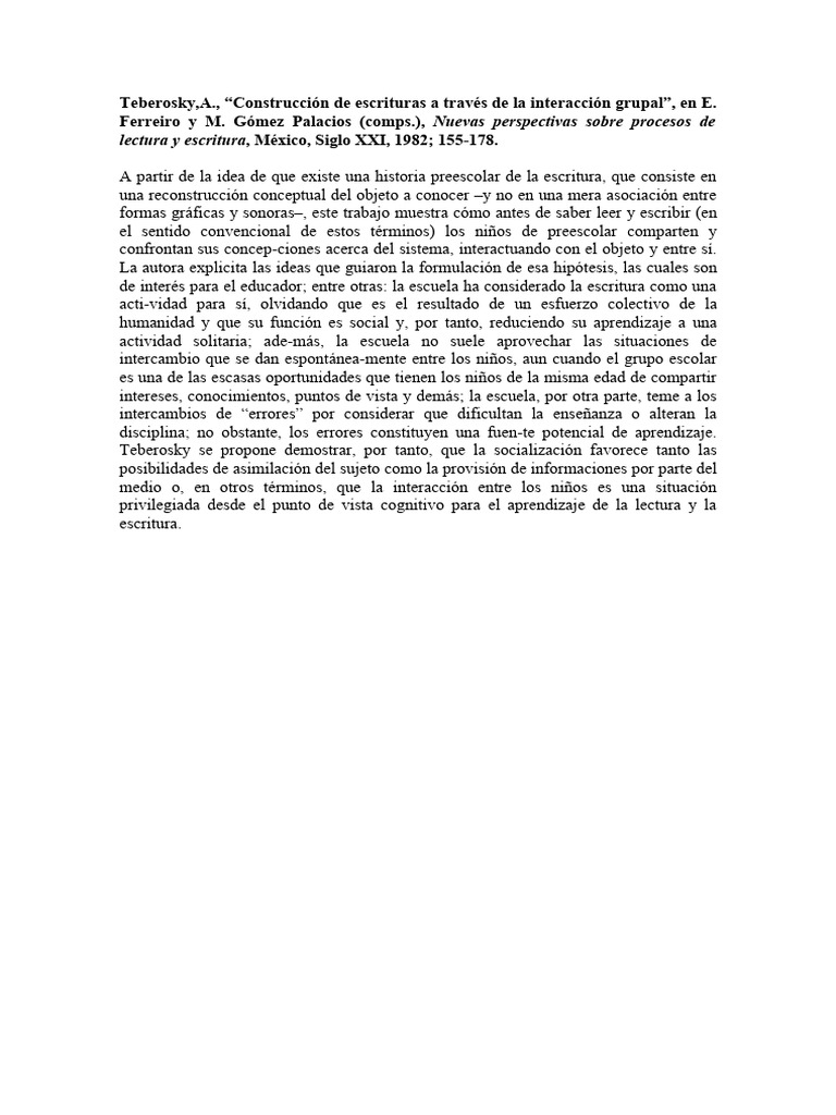 Clase 5. Teberosky A. Construcci N de Escrituras A Trav S de La ...