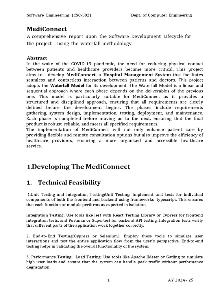 MediConnect: Waterfall Model Report | PDF | Software Development Process | Computers