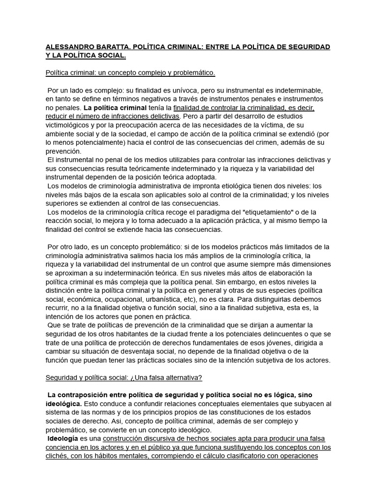 Alessandro Baratta. Política Criminal Entre La P0lítica de Seguridad y ...