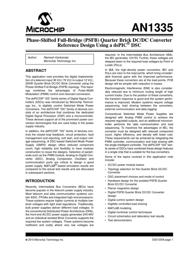 Phase-Shifted Full-Bridge (PSFB) Quarter Brick DC/DC Converter Reference Design Using A Dspic ...