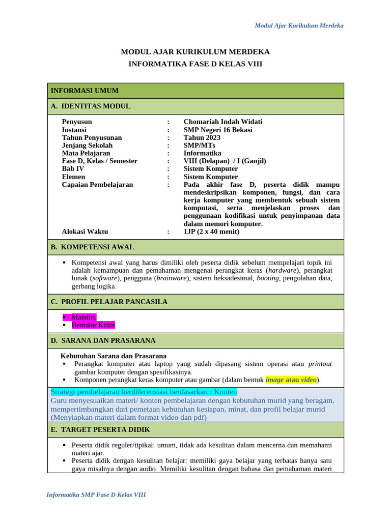 Contoh Modul Ajar BAB 4 - (Diferensiasi Konten - KSE) | PDF | Seni ...