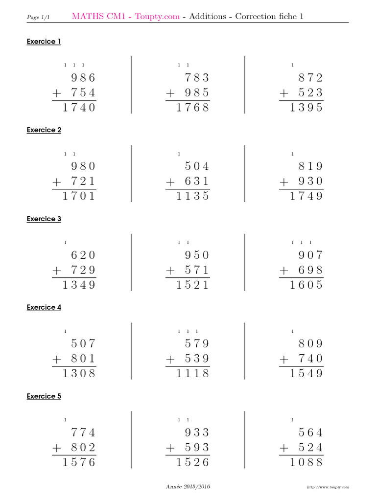 Addition cm1 1 Corrige | PDF