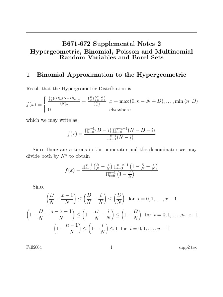 B671-672 Supplemental Notes 2 Hypergeometric, Binomial, Poisson and ...
