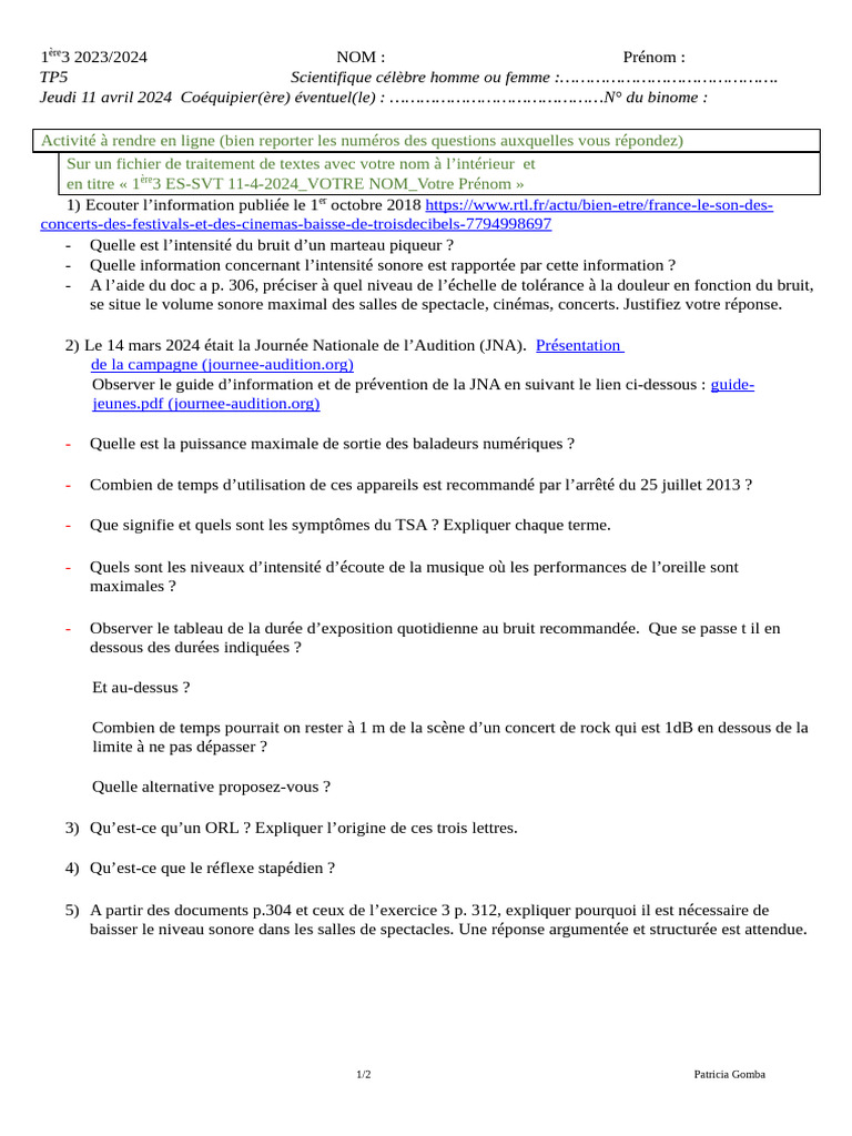 TP5 1ère3 11-4-2023 Entendre2 | PDF
