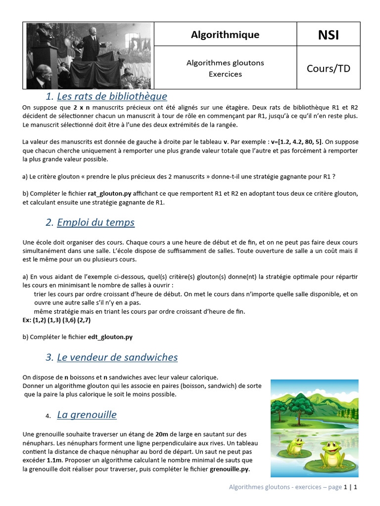 22 - Algorithmes - Algorithmes Gloutons - Exercices | PDF
