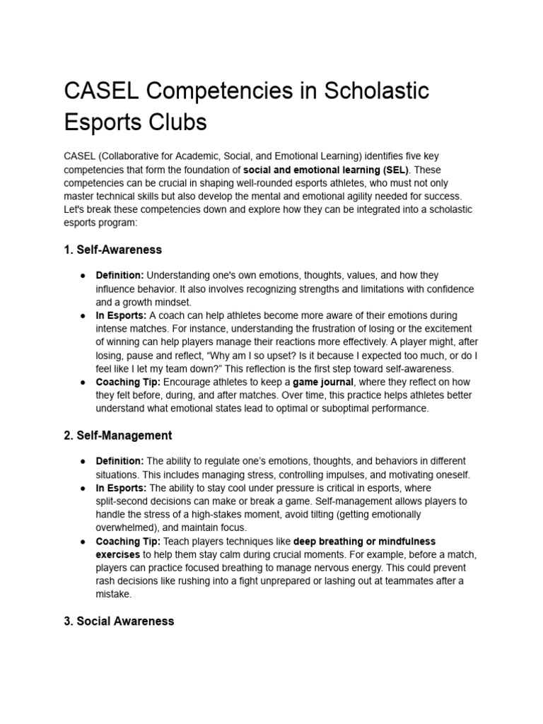 CASEL Competencies in Scholastic Esports Clubs | PDF