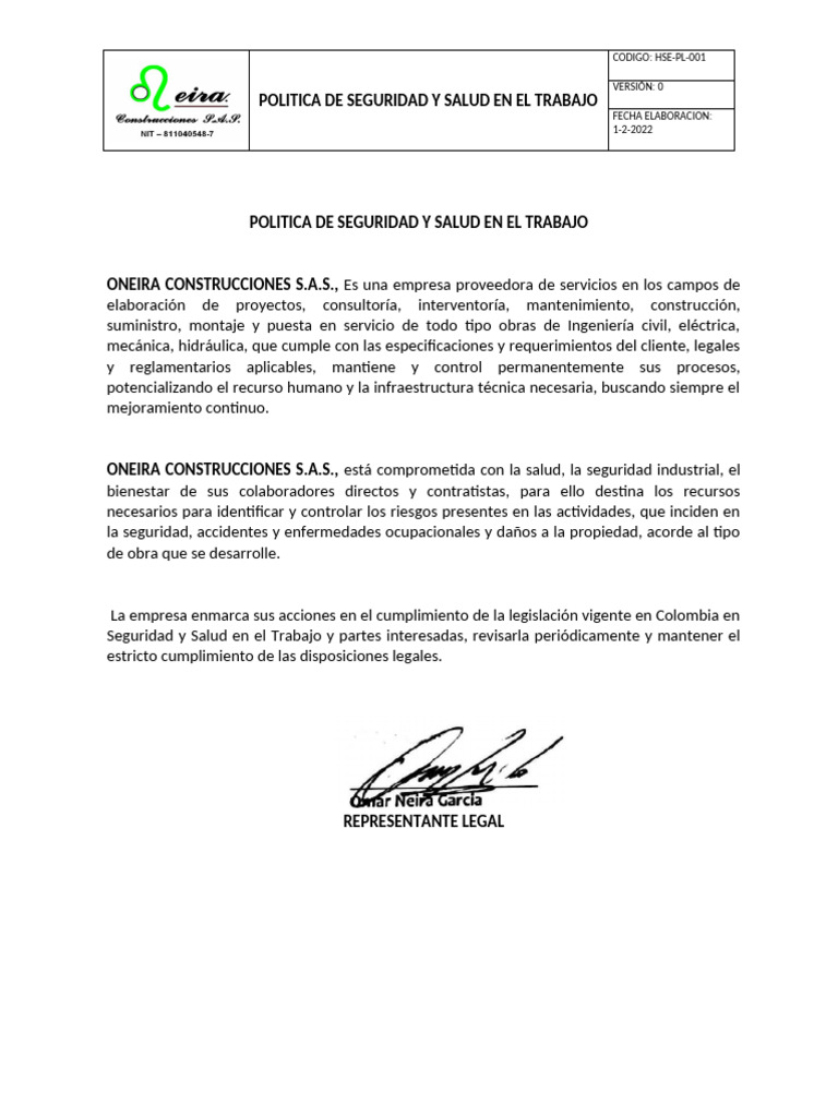 Hse-Pl-001 Politica de La Seguridad y Salud en El Trabajo | PDF