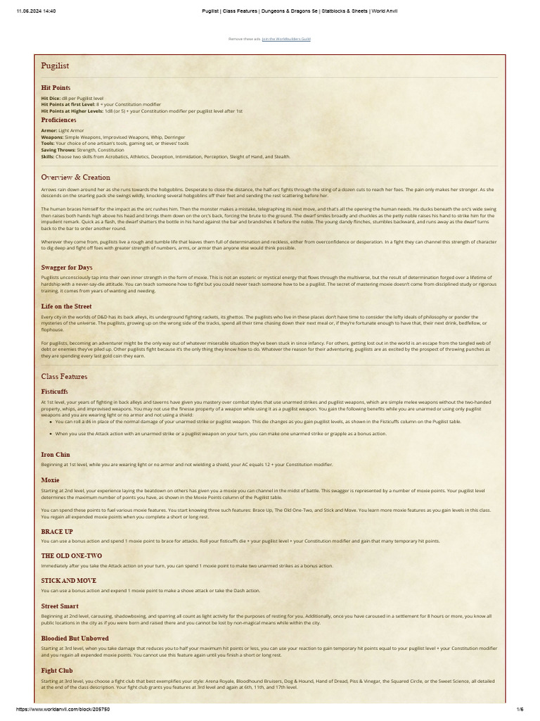 Pugilist - Class Features - Dungeons & Dragons 5e - Statblocks & Sheets - World Anvil | PDF