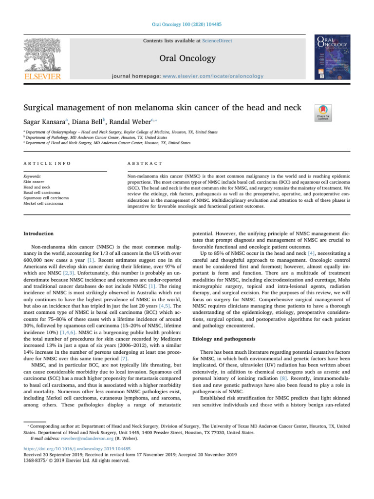 Surgical Management of Non Melanoma Skin Cancer of The Head and Neck ...