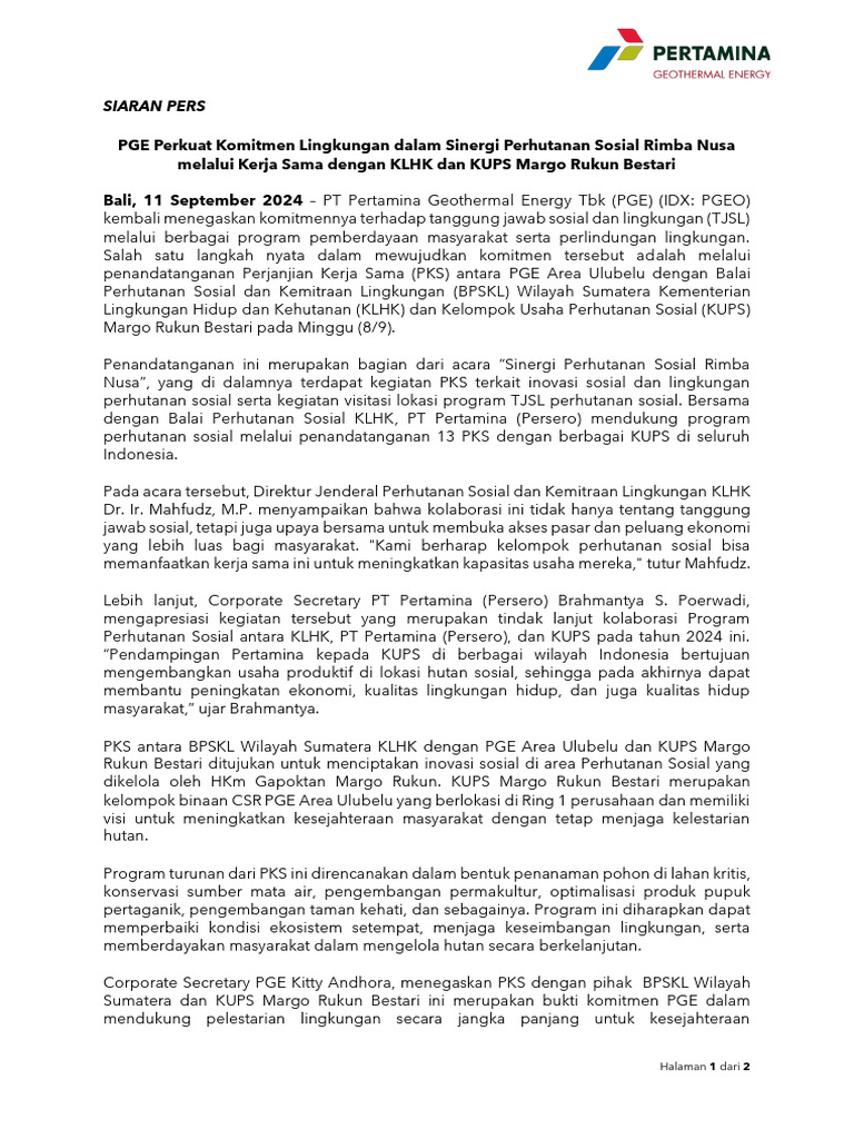 SIARAN PERS-PGE Perkuat Komitmen Lingkungan Dalam Sinergi Perhutanan Sosial Rimba Nusa Melalui ...