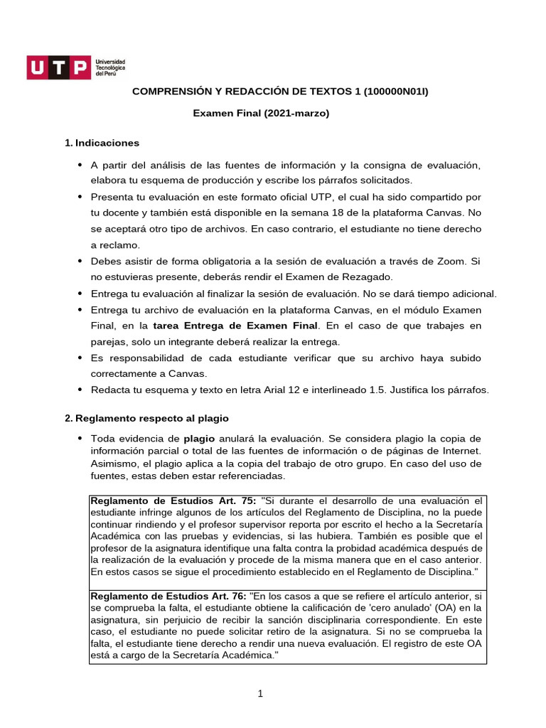 COMPRENSIÓN Y REDACCIÓN DE TEXTOS 1-EXAMEN FINAL-Formato Oficial UTP | PDF
