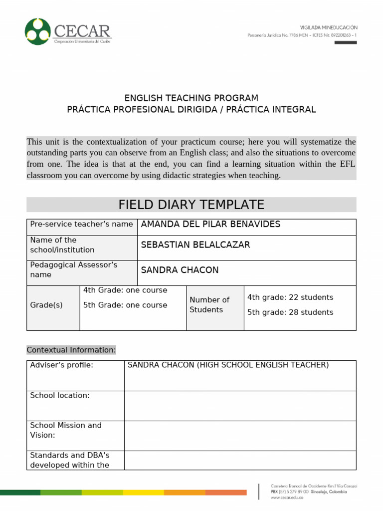 AMANDA - FIELD DIARY TEMPLATE | PDF
