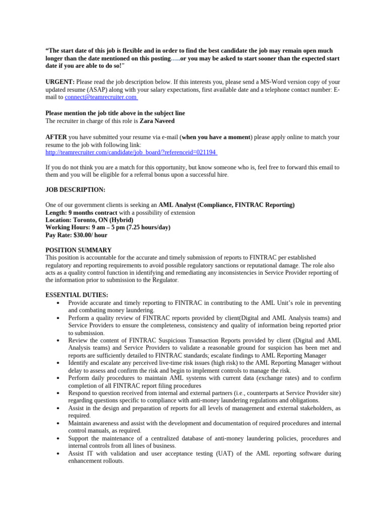 OLG - Zara - AML Analyst (Compliance, FINTRAC Reporting) - Toronto ON ...