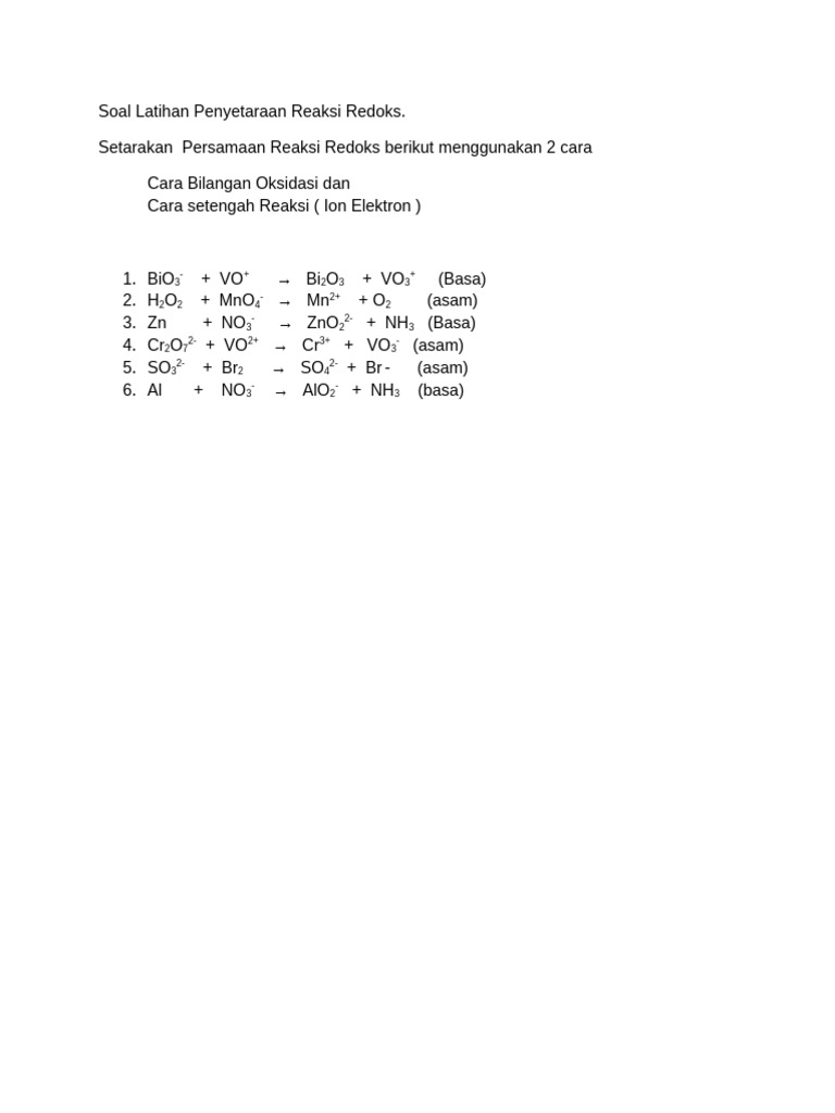 Soal Latihan Penyetaraan Reaksi Redoks | PDF