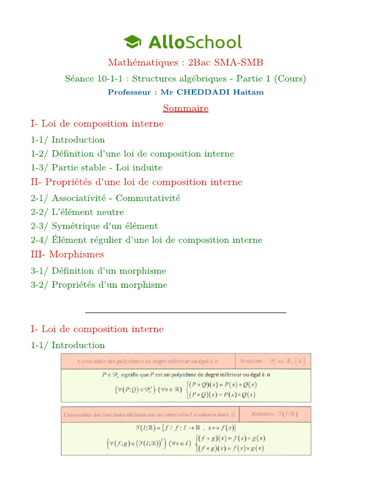Seance 10 1 1 Structures Algebriques Partie 1 Cours 1 | PDF