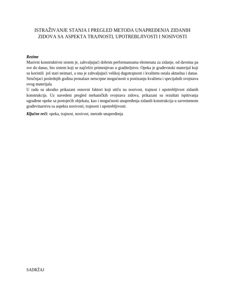 Istraživanje Stanja I Pregled Metoda Unapređenja Zidanih Zidova Sa Aspekta Trajnosti | PDF