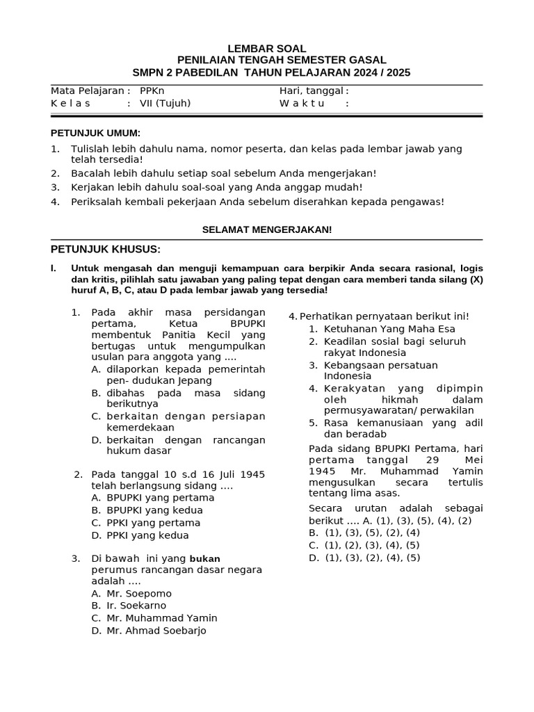Soal PTS PPKN KLS 7 GASAL OK | PDF