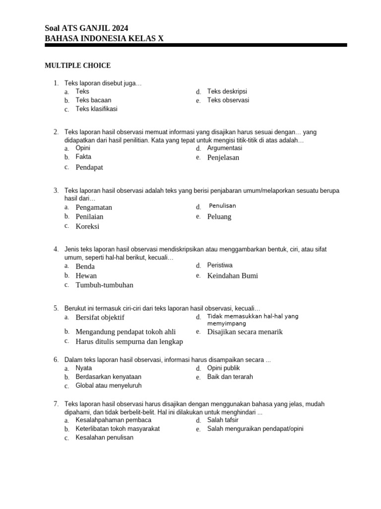 Kisi-Kisi Untuk Siswa Soal Ats Ganjil 2024 | PDF
