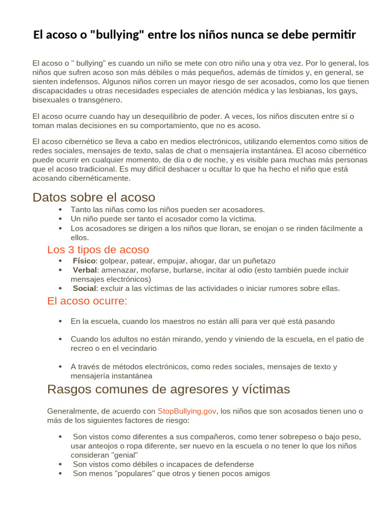 El Acoso o Bullying Entre Los Niños Nunca Se Debe Permitir | PDF ...