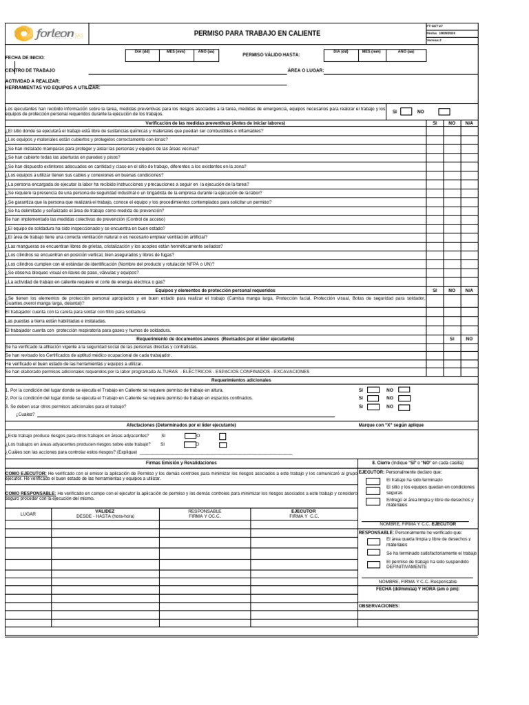027.FT-SST Permiso para Trabajos en Caliente - SST | PDF
