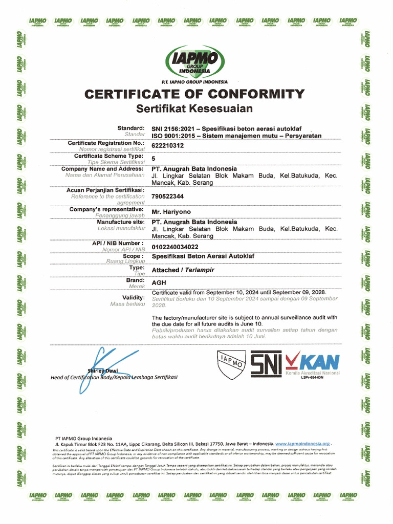 Sert. SNI - 622210312 - PT. Anugrah Bata Indonesia | PDF