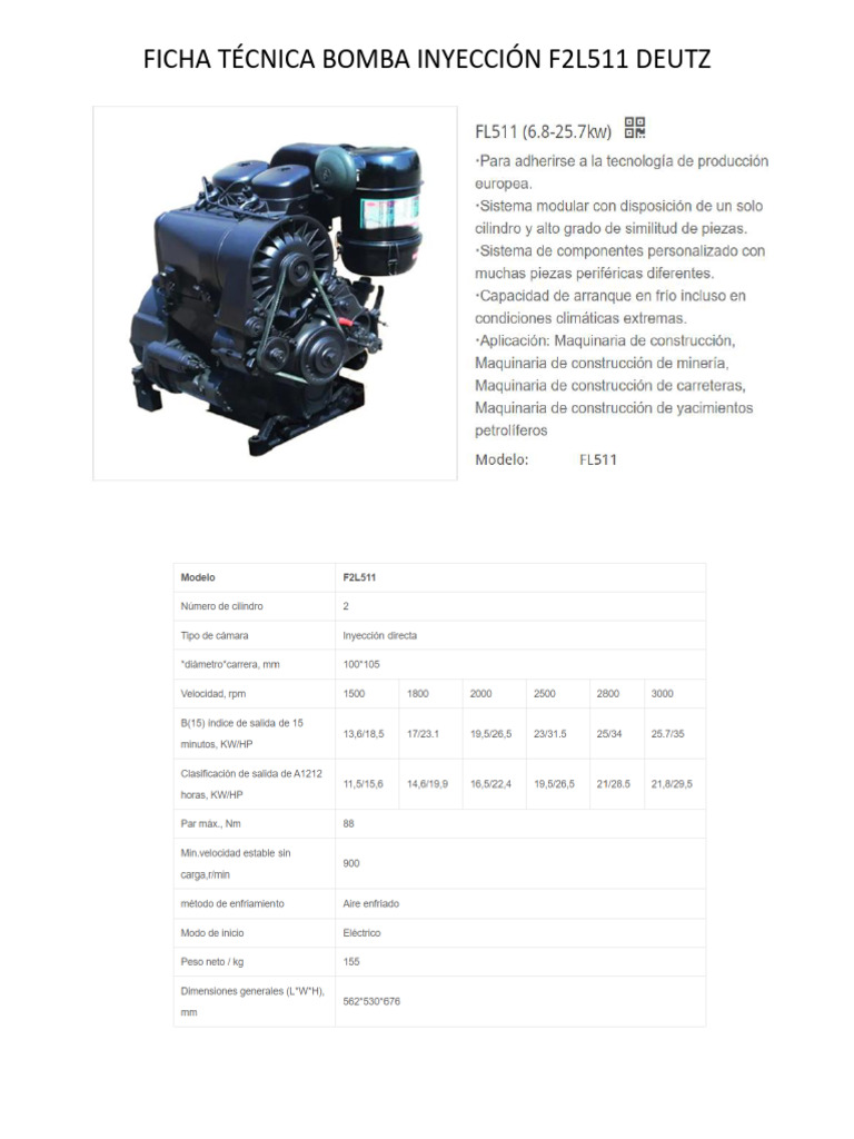 Ficha Técnica Bomba Inyección 2 F2L511 Deutz | PDF