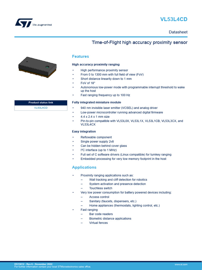 VL53L4CD: Time-of-Flight High Accuracy Proximity Sensor | PDF