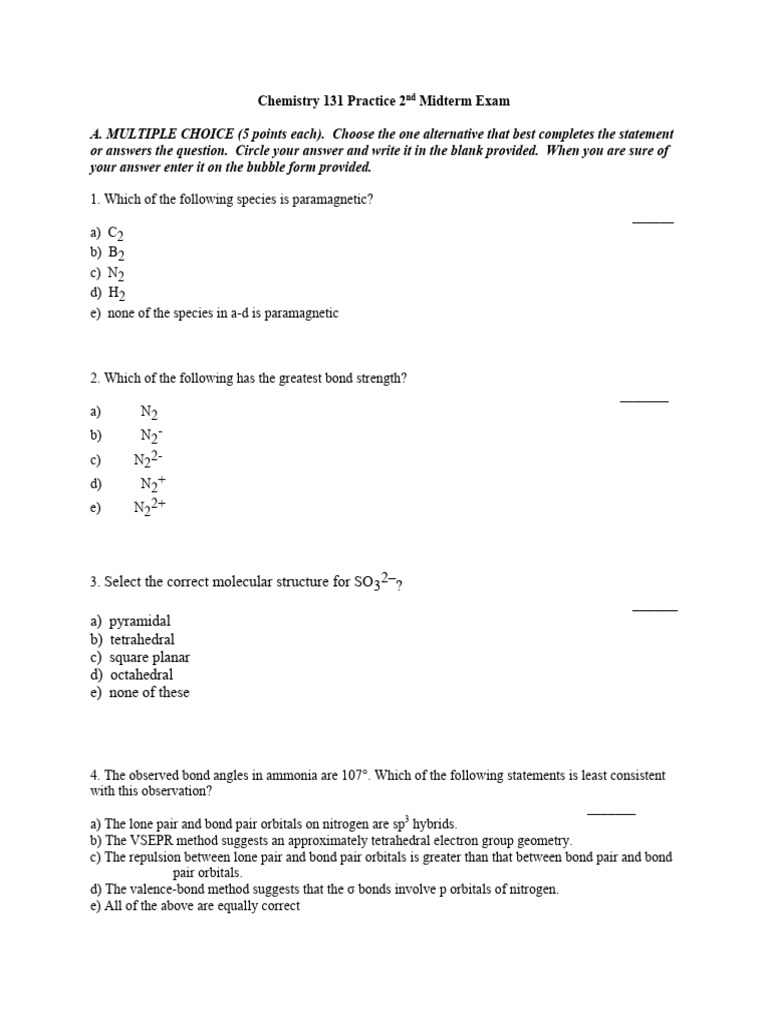 Practice 2nd Midterm Chem 131 | PDF