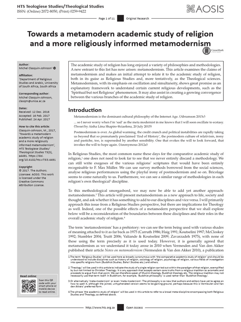 Towards A Metamodern Academic Study of Religion | PDF | Religious Studies