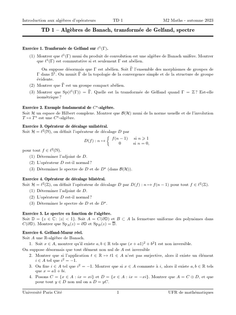 Td 1 Algebres De Banach Transform Ee De Gelfand Spectre Pdf