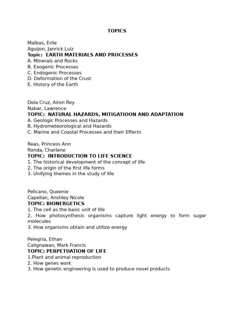 Earth and Life Science Topics | PDF