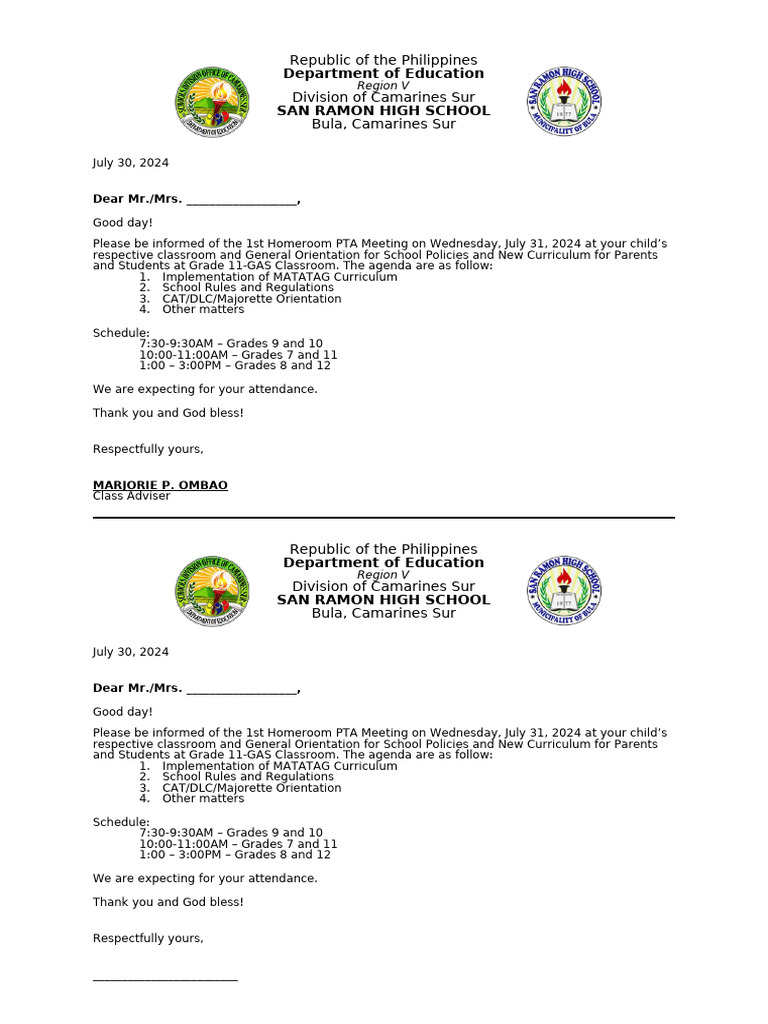 Letter For School Policies Orientation Matatag and HPTA Meeting | PDF